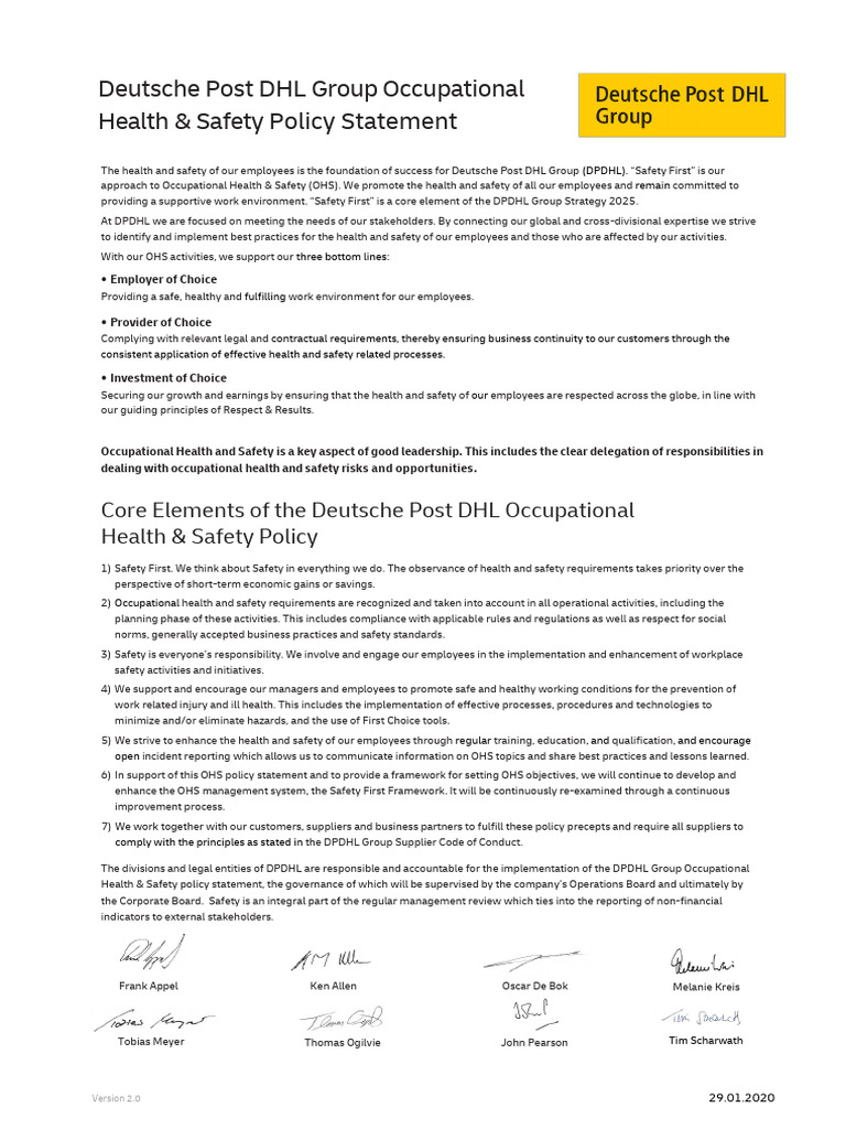 Deutsche Post DHL OHS Policy Overview | PDF | Occupational Safety And ...