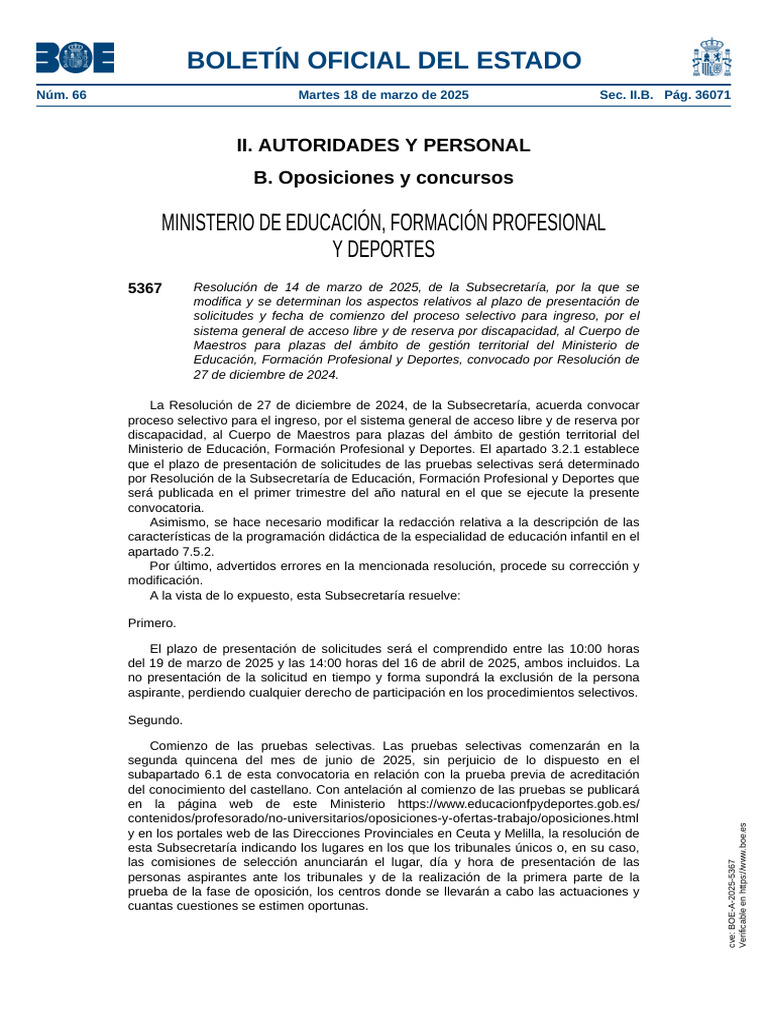 Boe A 2025 5367 | PDF | Evaluación | Maestros