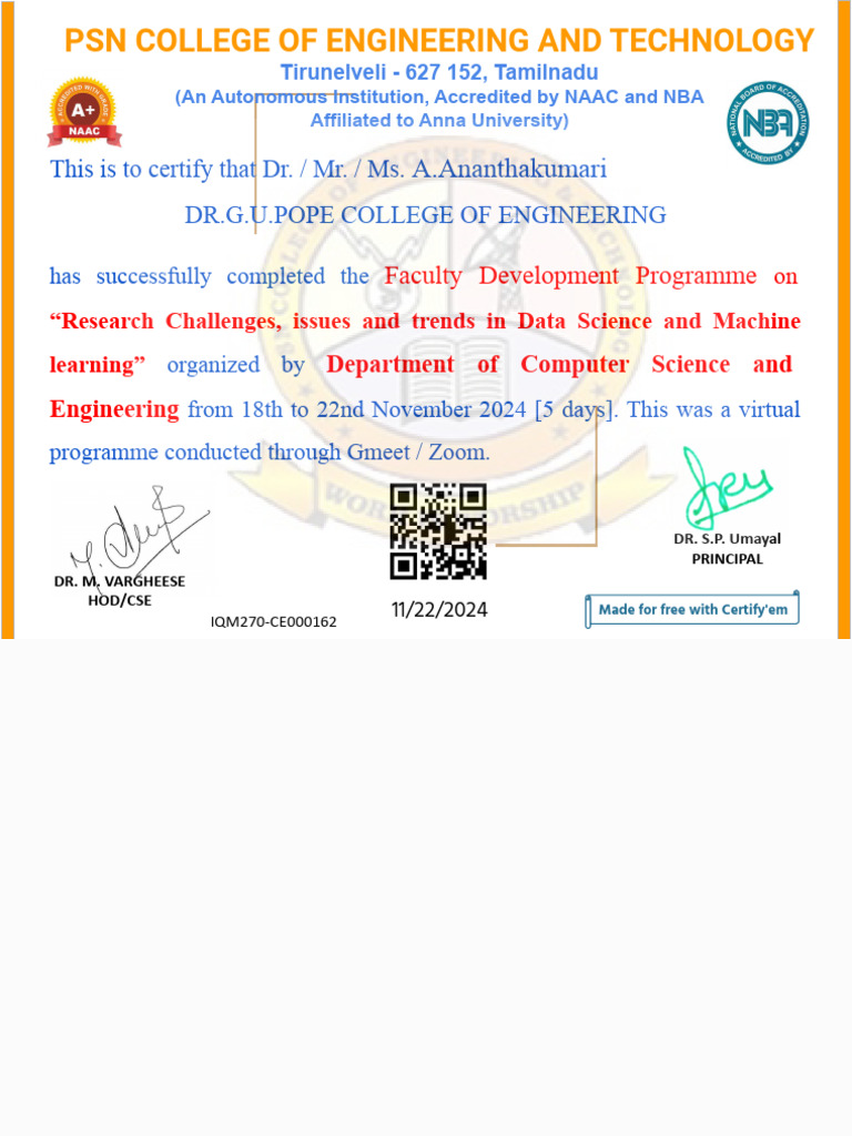 Certificate for AAnanthakumari for Feed Back - 5 Days FDP on _241125 ...