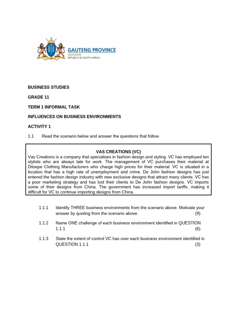 2018 BSTD Grade 11 Term 1 Activities | PDF | Economics | Macroeconomics