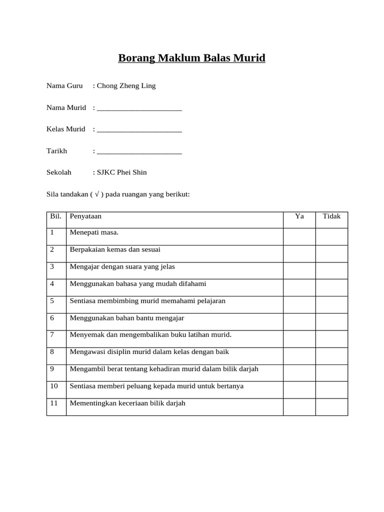 Borang Maklum Balas Murid | PDF