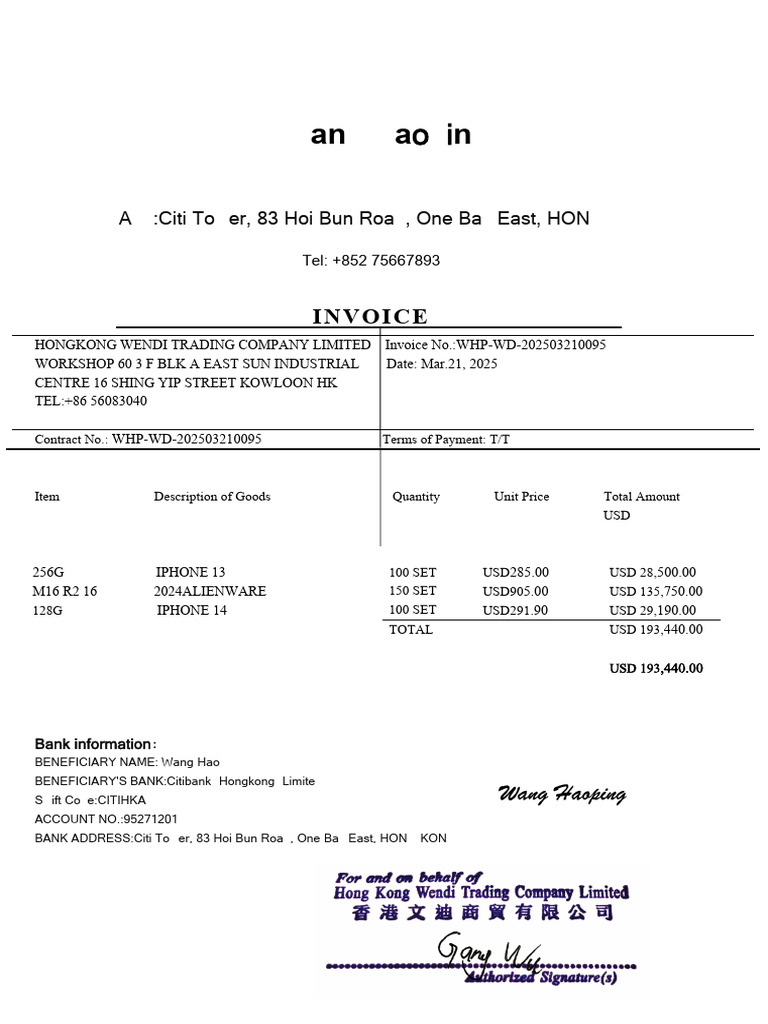 Invoice for Electronics Purchase - HK | PDF