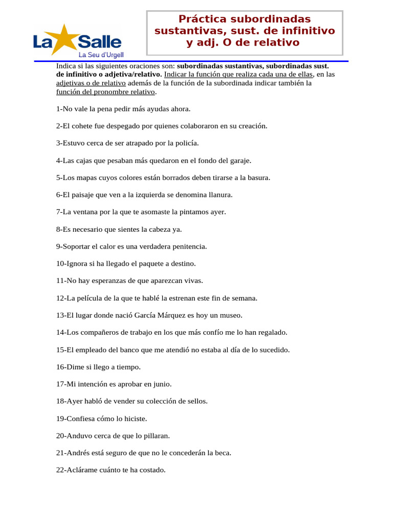 Práctica Sub - Sust. y Sub. Adi. o de Relativo | PDF
