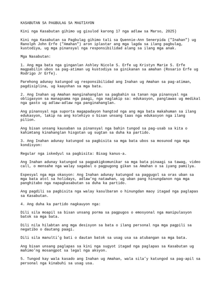 Kasabutan Sa Pagbulag Sa Magtiayon | PDF