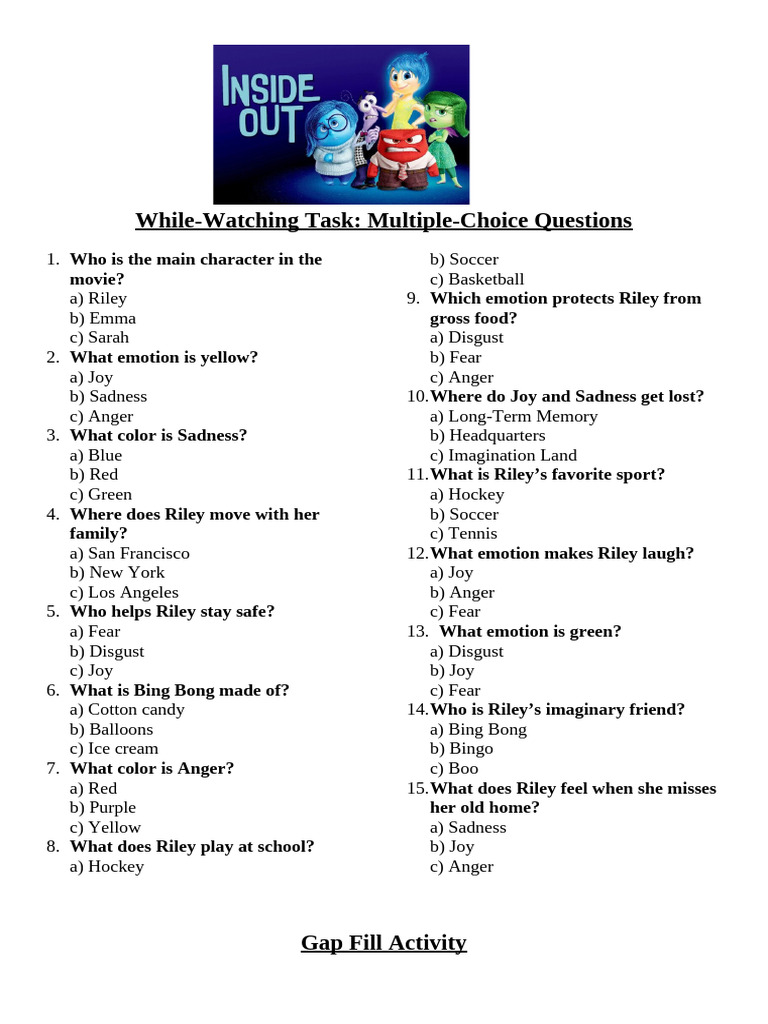 Inside Out Movie Quiz and Activities | PDF | Psychology | Emotions