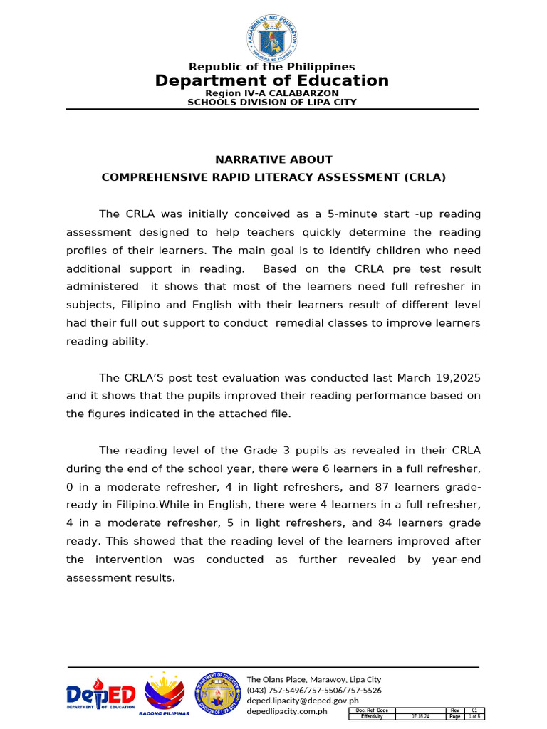 CRLA Narrative Report and Results | PDF | Education Theory | Learning ...
