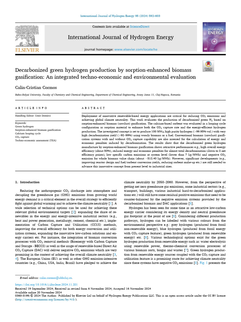 Decarbonized Green Hydrogen Production by Sorption Enhanced Biomass Gasification - An Integrated ...