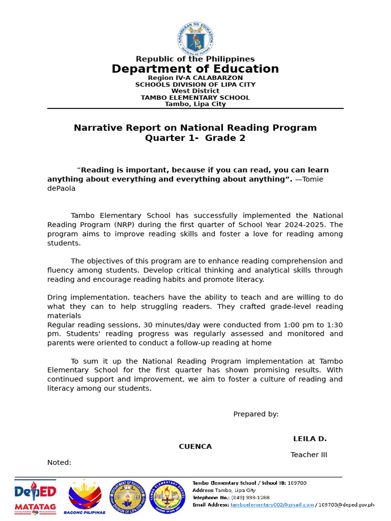 Narrative Report On National Reading Program | PDF