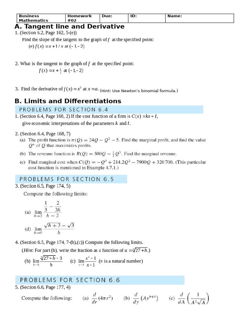 Business Math: Derivatives & Limits Guide | PDF
