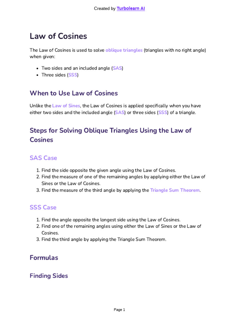 Solving Oblique Triangles: Law of Cosines | PDF | Trigonometric ...
