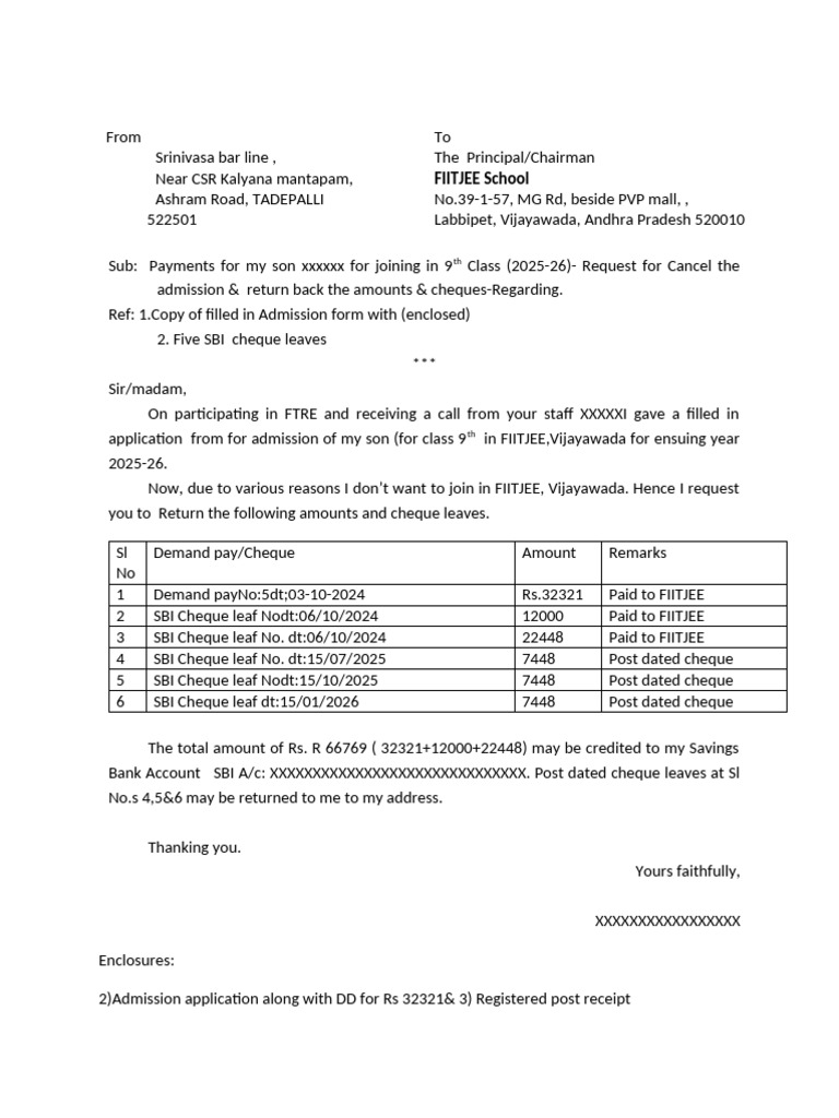 Fiitjee-Withdraw of Admission From School | PDF