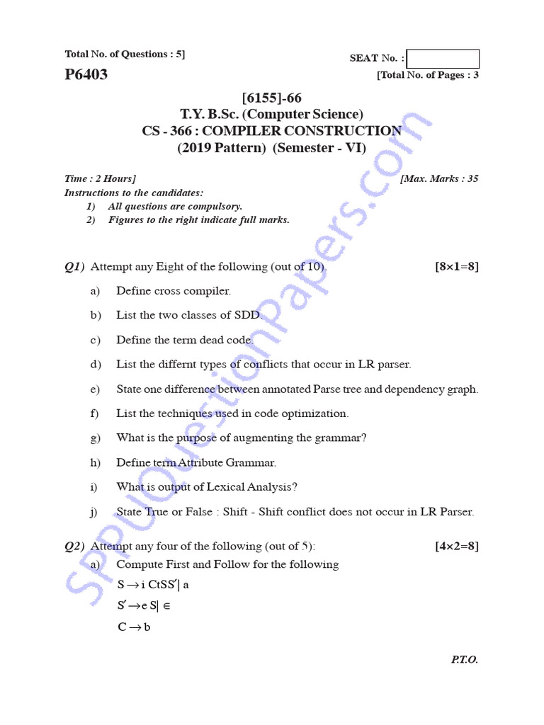 BSC - Computer Science Cs - Semester 6 - 2023 - November - Compiler Construction II 2019 Pattern ...