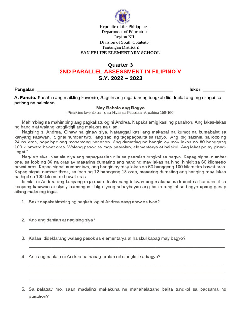 2nd Parallel Test in Filipino Quarter 3 | PDF