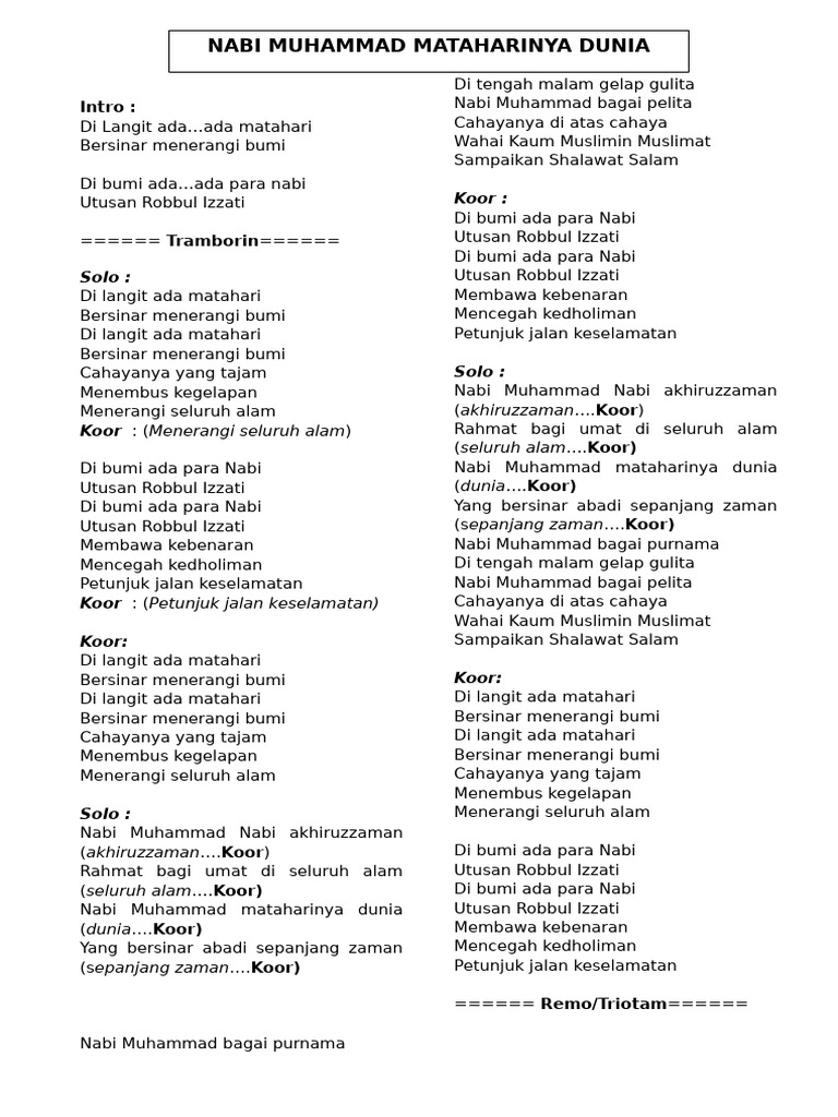 Lirik Nabi Muhammad Matahari Dunia | PDF