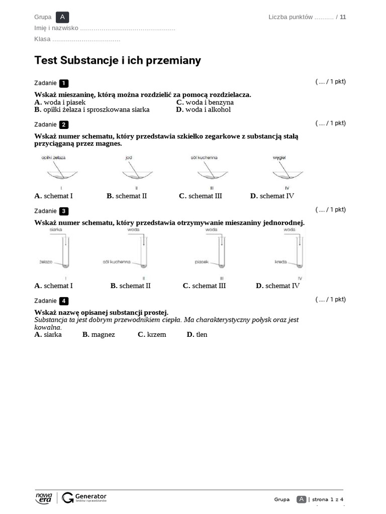 Test Chemia Kl. 7 Substancje I Przemiany | PDF