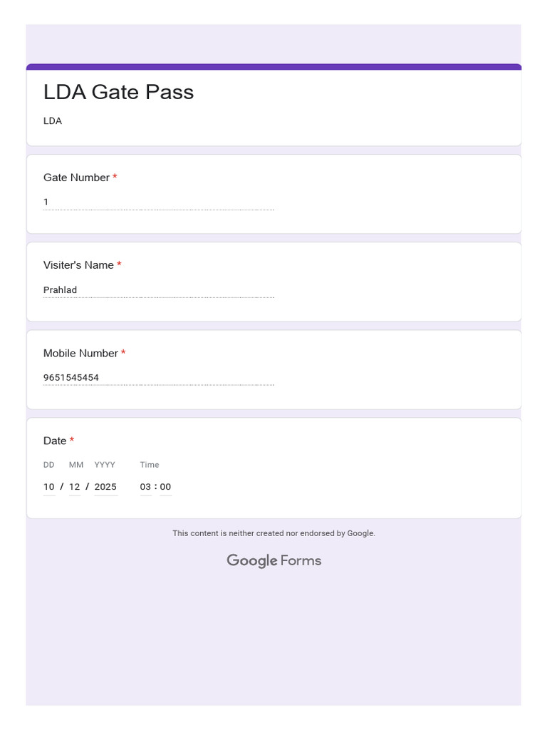 LDA Gate Pass - Google Forms | PDF