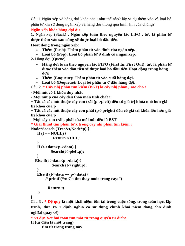 Đề cương lí thuyết CTDL> | PDF