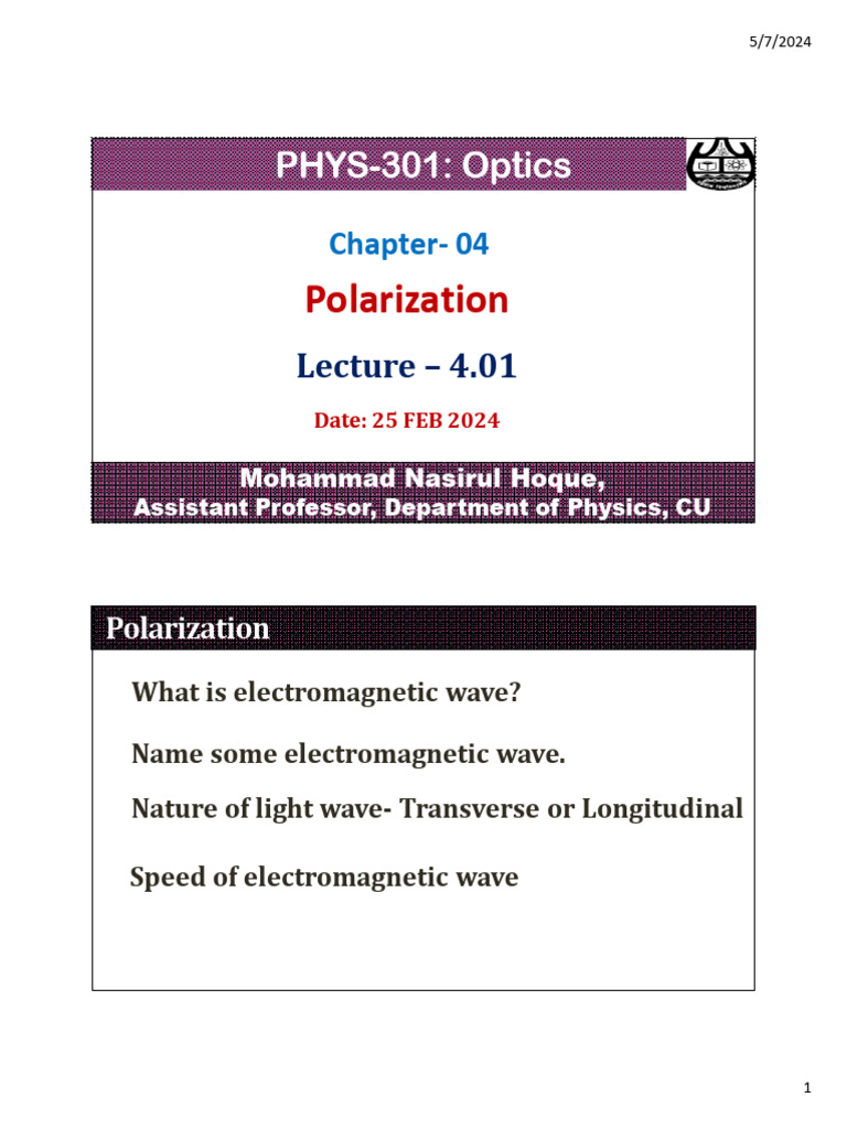 Polarization of Light MNH Class Lecture | PDF | Polarization (Waves) | Light