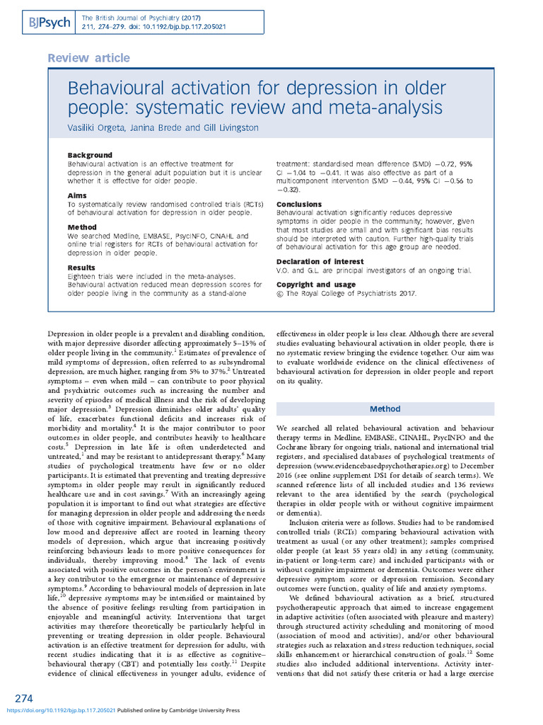 Behavioural Activation For Depression in Older People Systematic Review ...