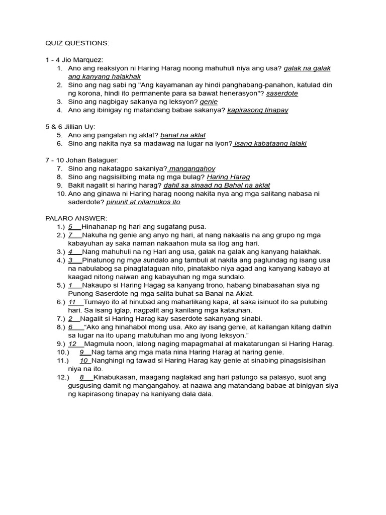 Quiz Questions & Palaro Sa Fil | PDF