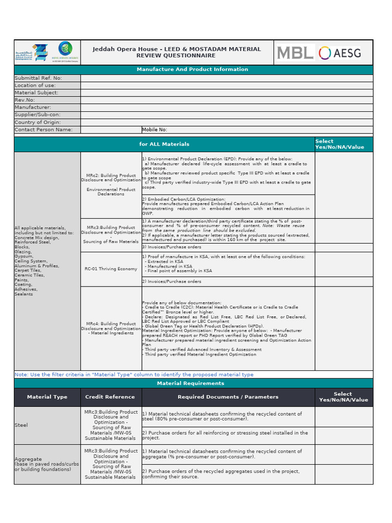Opera House Material Questionnaire Rev01 | PDF | Tap (Valve) | Volatile ...