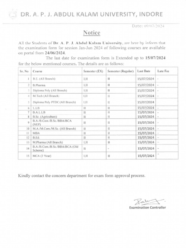 Extended Date Student Exam Form Notice For First Year Students | PDF