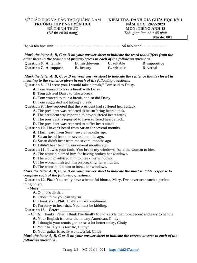 De Giua Hoc Ky 1 Tieng Anh 12 Nam 2022 2023 Truong THPT Nguyen Hue Quang Nam | PDF ...