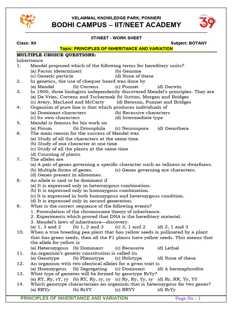 V-5) Principles of Inheritance and Variation | PDF | Dominance (Genetics) | Zygosity