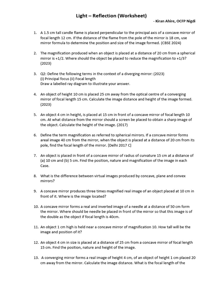 Light - Reflection (Worksheet) | PDF | Optics | Light