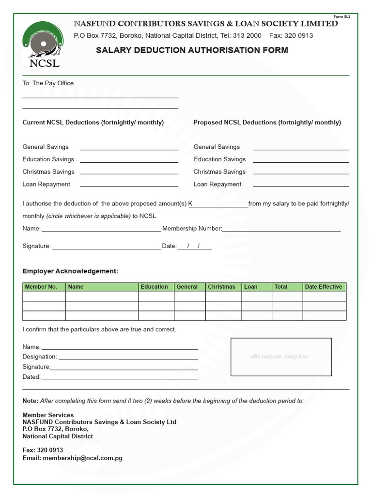 NCSL Salary Deduction Authorization Form | PDF