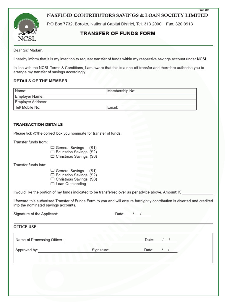 NCSL Transfer of Funds Request Form | PDF