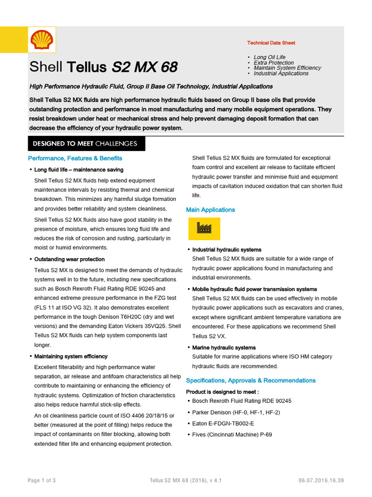 Shell Tellus S2 MX 68 Technical Data Sheet | PDF | Viscosity ...
