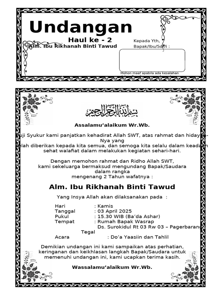 Contoh Surat Undangan Tahlil 40 100 1000 Hari Haul | PDF