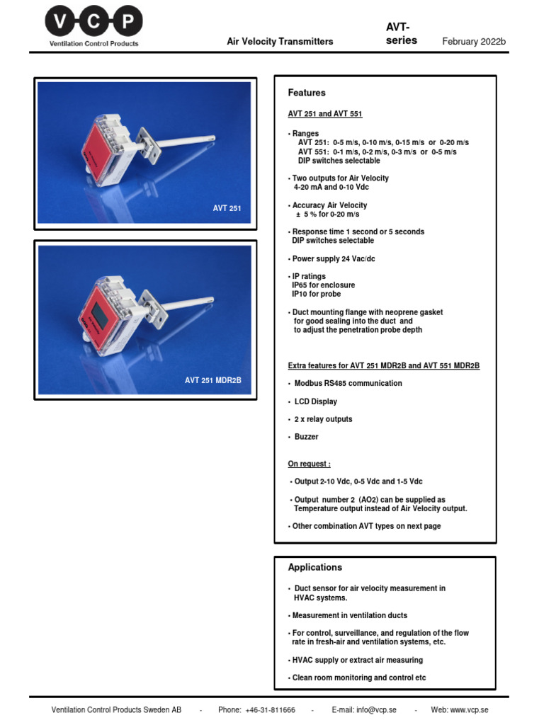 Air Velocity Transmitters Avt Series | PDF | Duct (Flow) | Relay