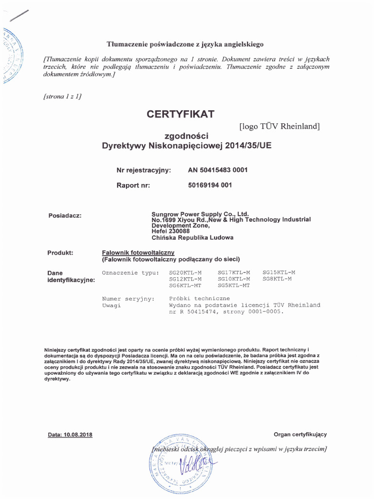 PL CE SG5 - 6KTL-MT&SG8 - 10 - 12 - 15 - 17 - 20KTL-M CE-LVD Certificate | PDF