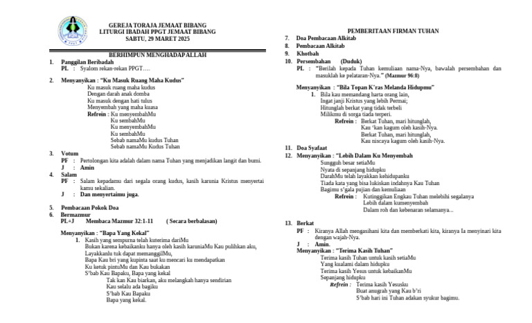 Liturgi Ibadah PPGT Jemaat Bibang | PDF