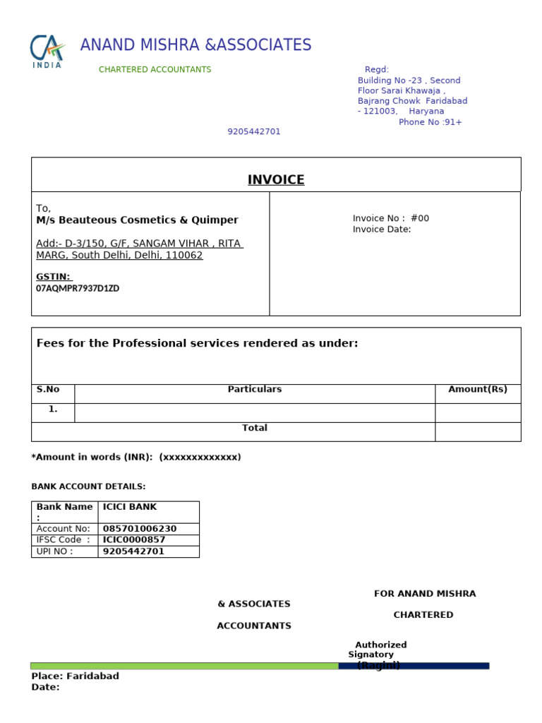 Chartered Accountant Invoice Template | PDF