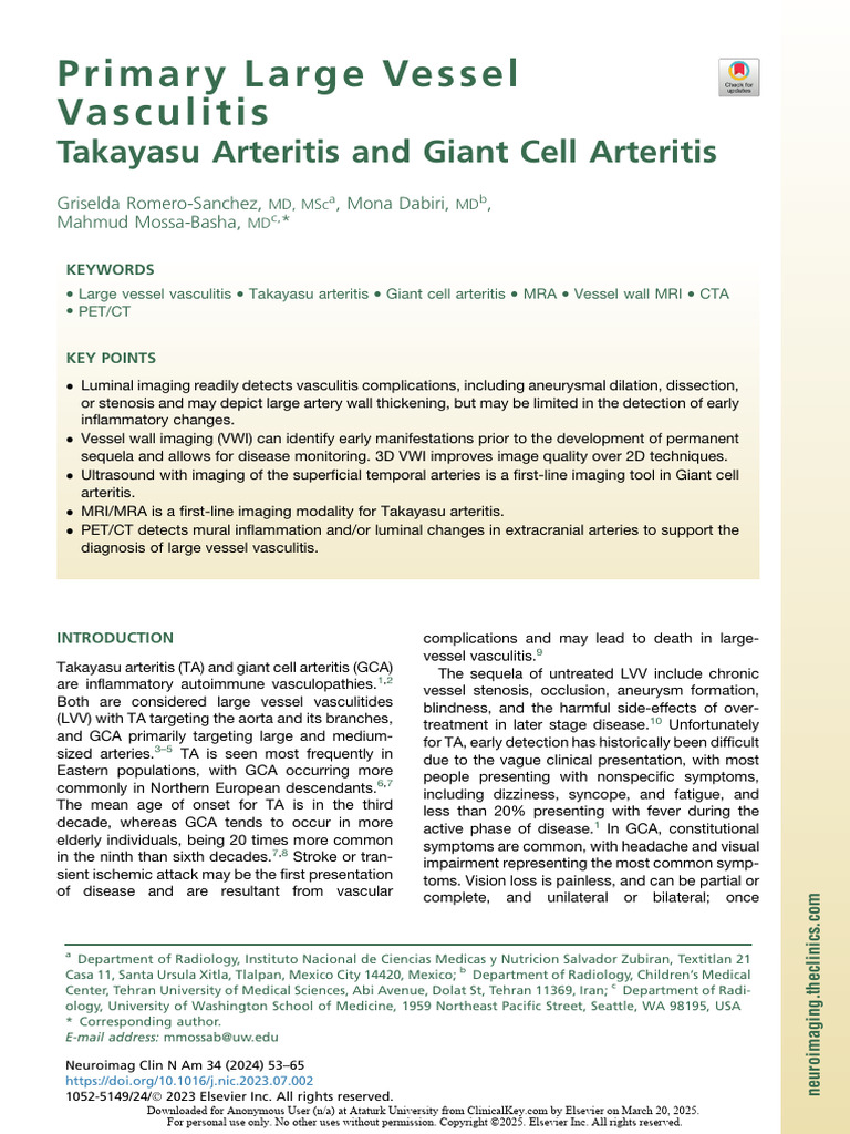 Primarylargevessel Vasculitis: Takayasu Arteritis and Giant Cell Arteritis | PDF | Medical ...