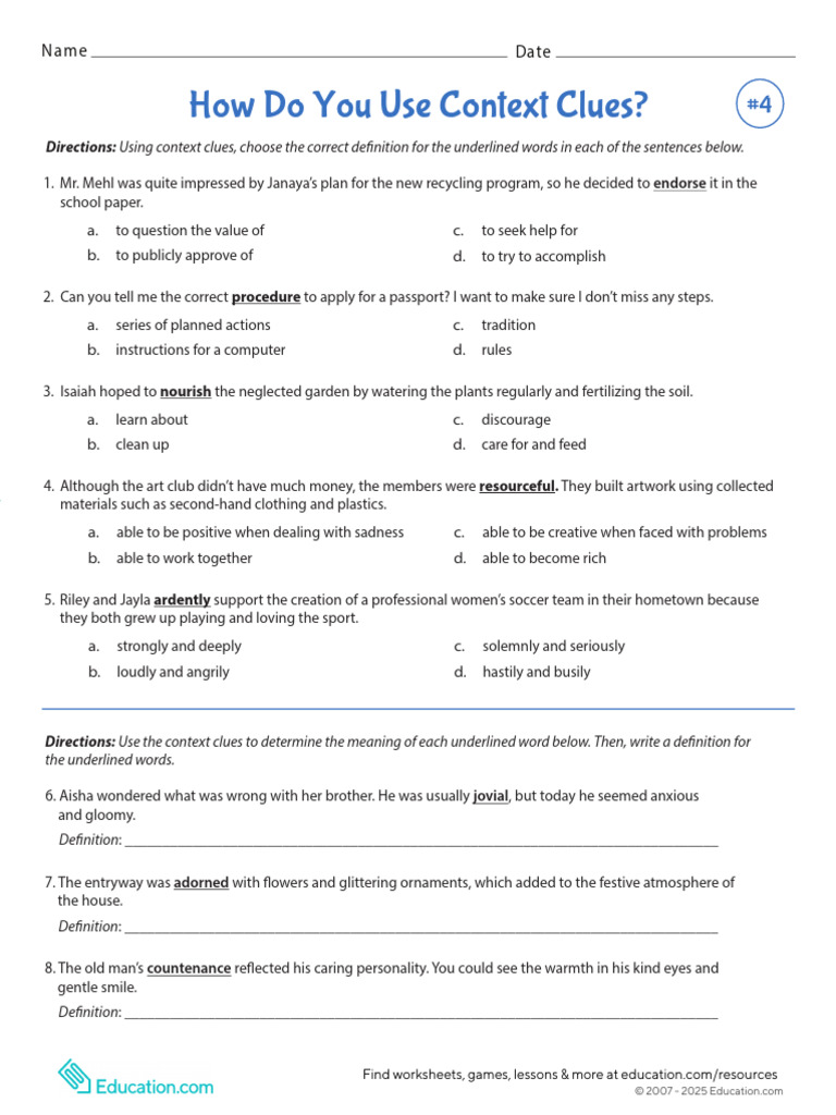 Using Context Clues for Vocabulary Skills | PDF