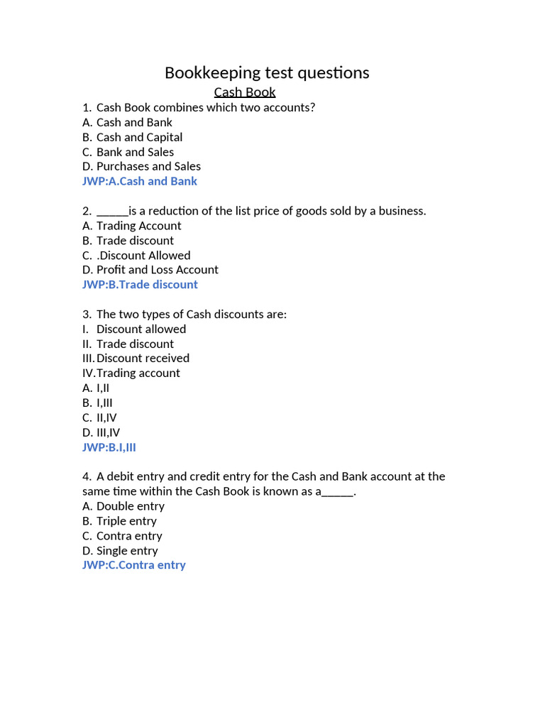 Bookkeeping Test Questions | PDF