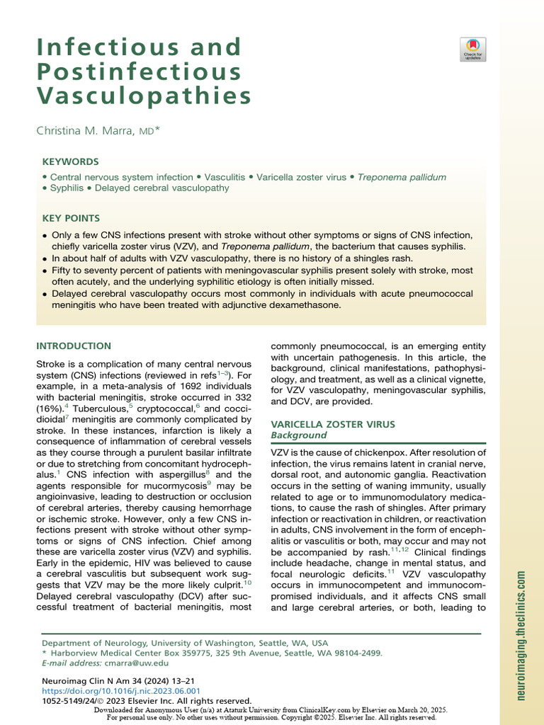 Infectiousand Postinfectious Vasculopathies: Christina M. Marra | PDF | Meningitis | Stroke