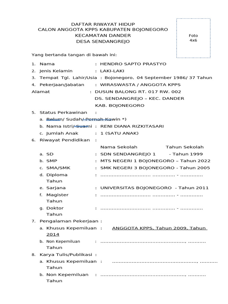 Format Daftar Riwayat Hidup Calon Anggota KPPS | PDF