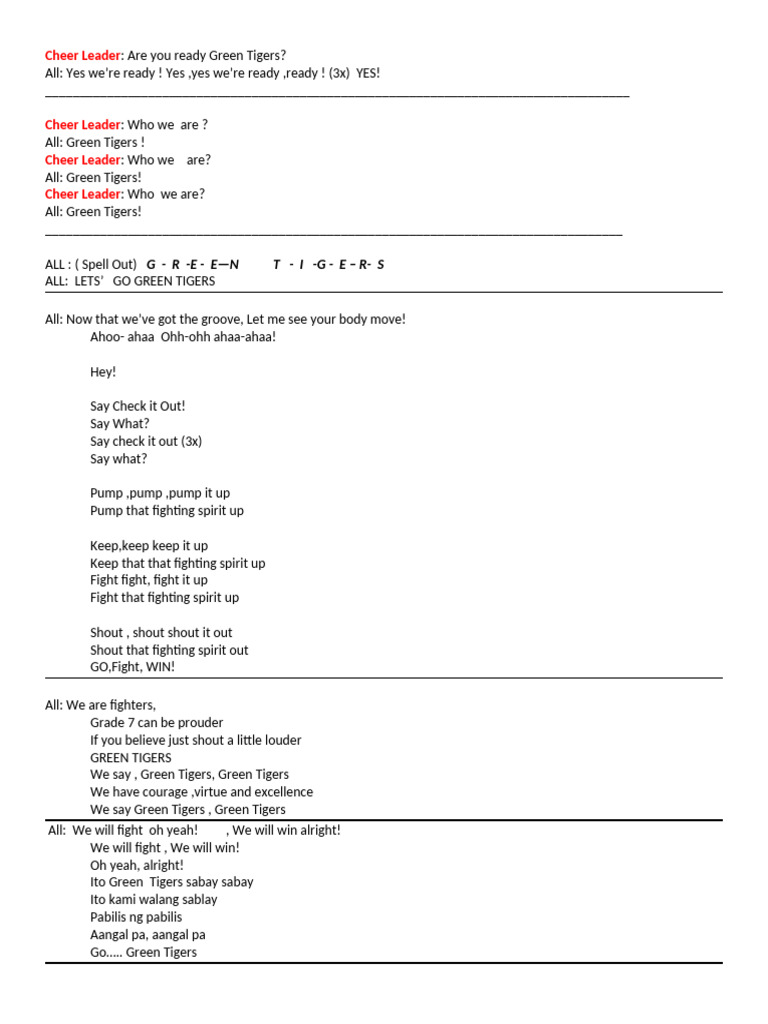 Green Tigers Cheer Script | PDF
