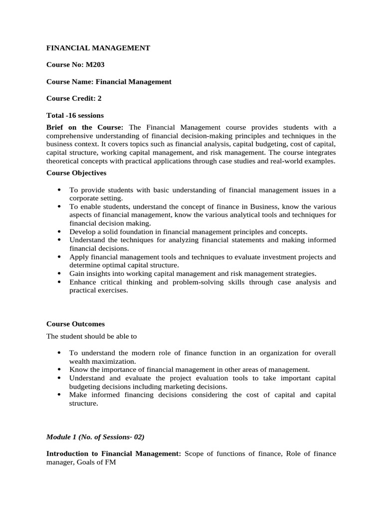 Financial Management Course Syllabus | PDF | Capital Structure ...
