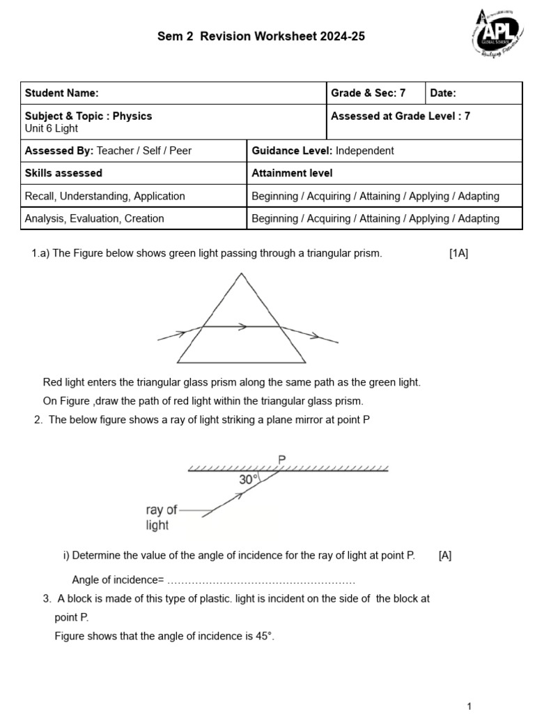 Grade 7 Physics Light Revision Worksheet | PDF | Refraction | Light