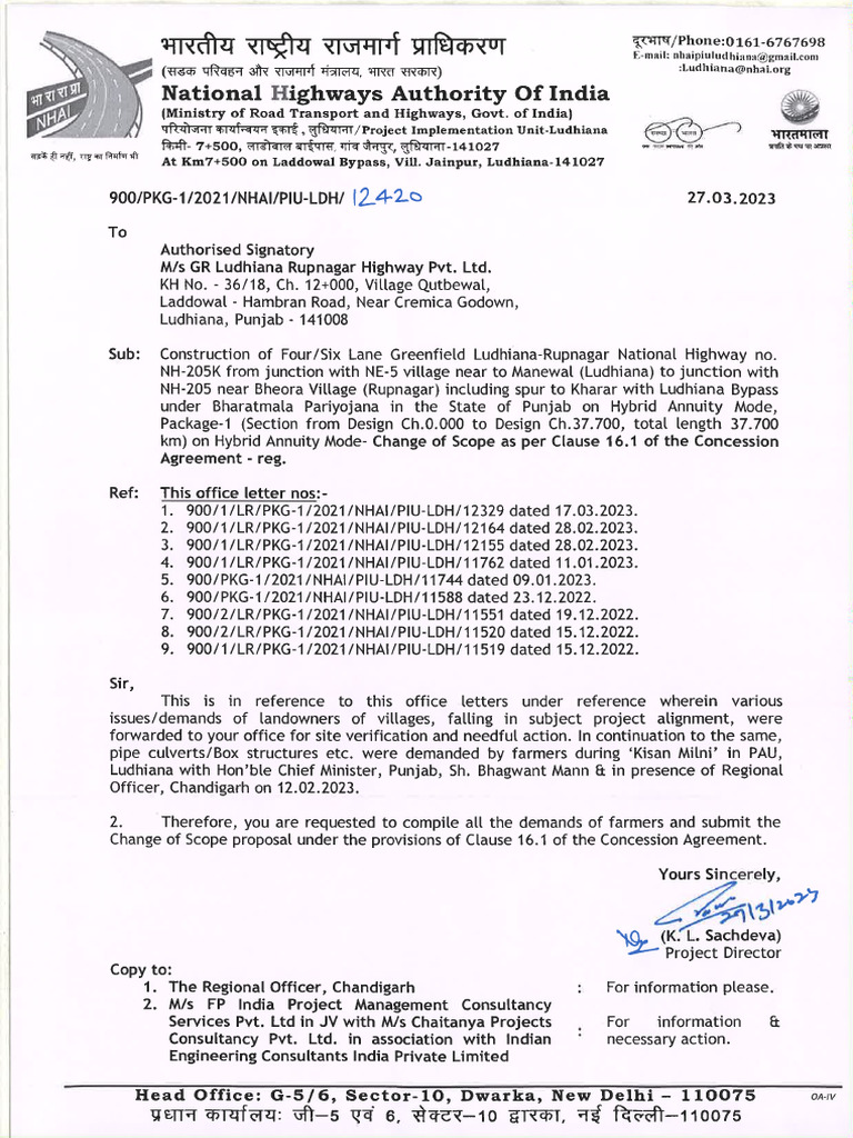 NHAI MABH 12420 Regarding Change of Scope As Per Clause 16.1 of The ...