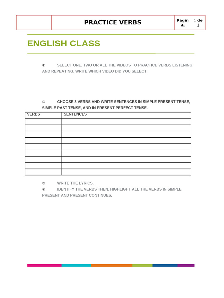 DOCUMENT WORKSHEET For Verbs | PDF