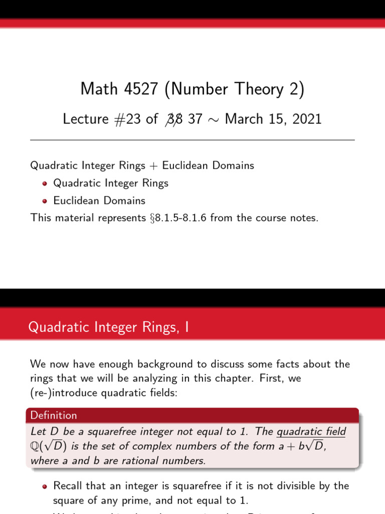 4527 Lecture 23 Quadratic Integer Rings Euclidean Domains | PDF | Ring (Mathematics) | Square Root
