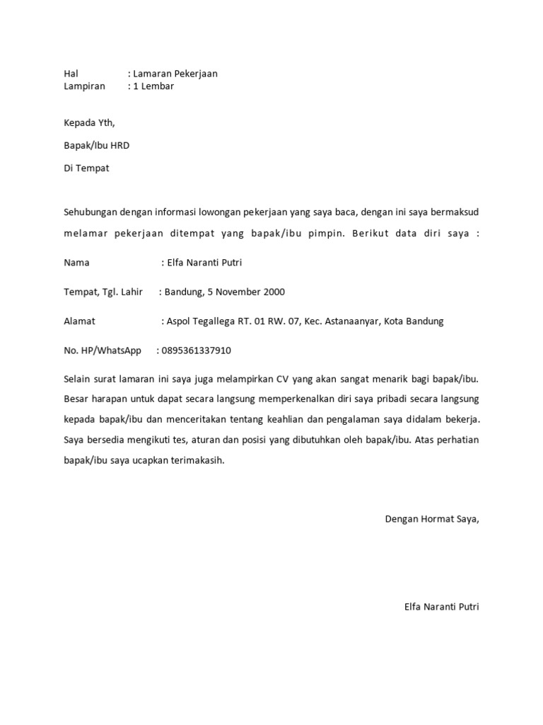 Surat Lamaran Elfa | PDF