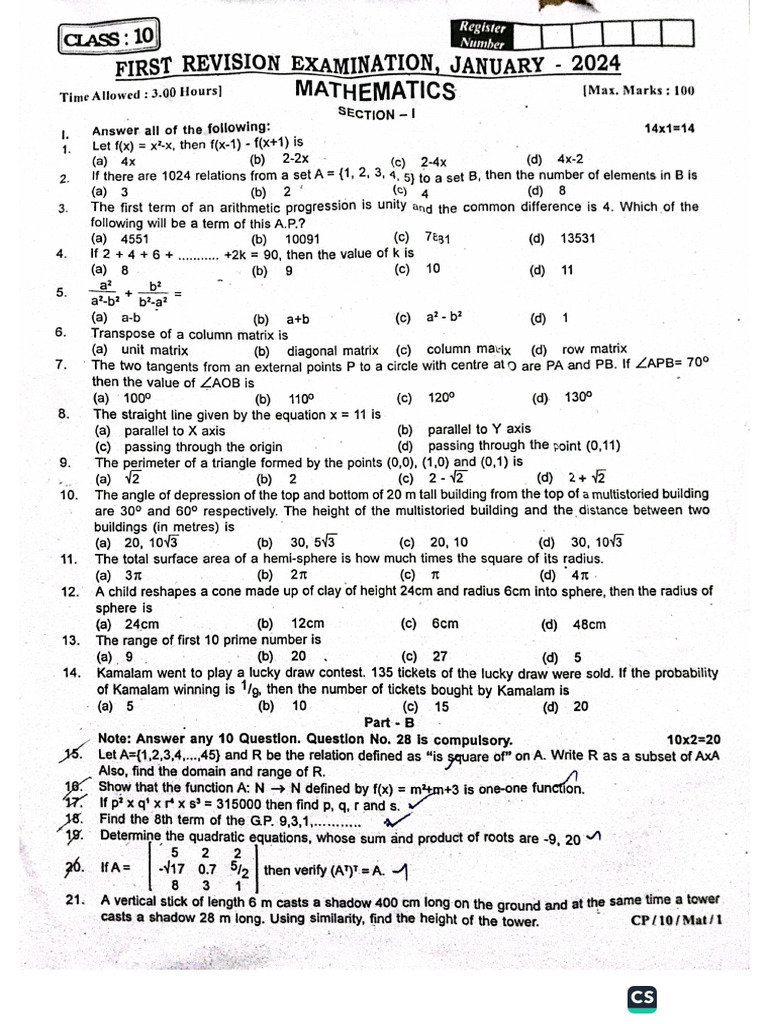 10th Maths EM First Revision Exam 2024 Question Paper Chengalpattu District English Medium PDF ...